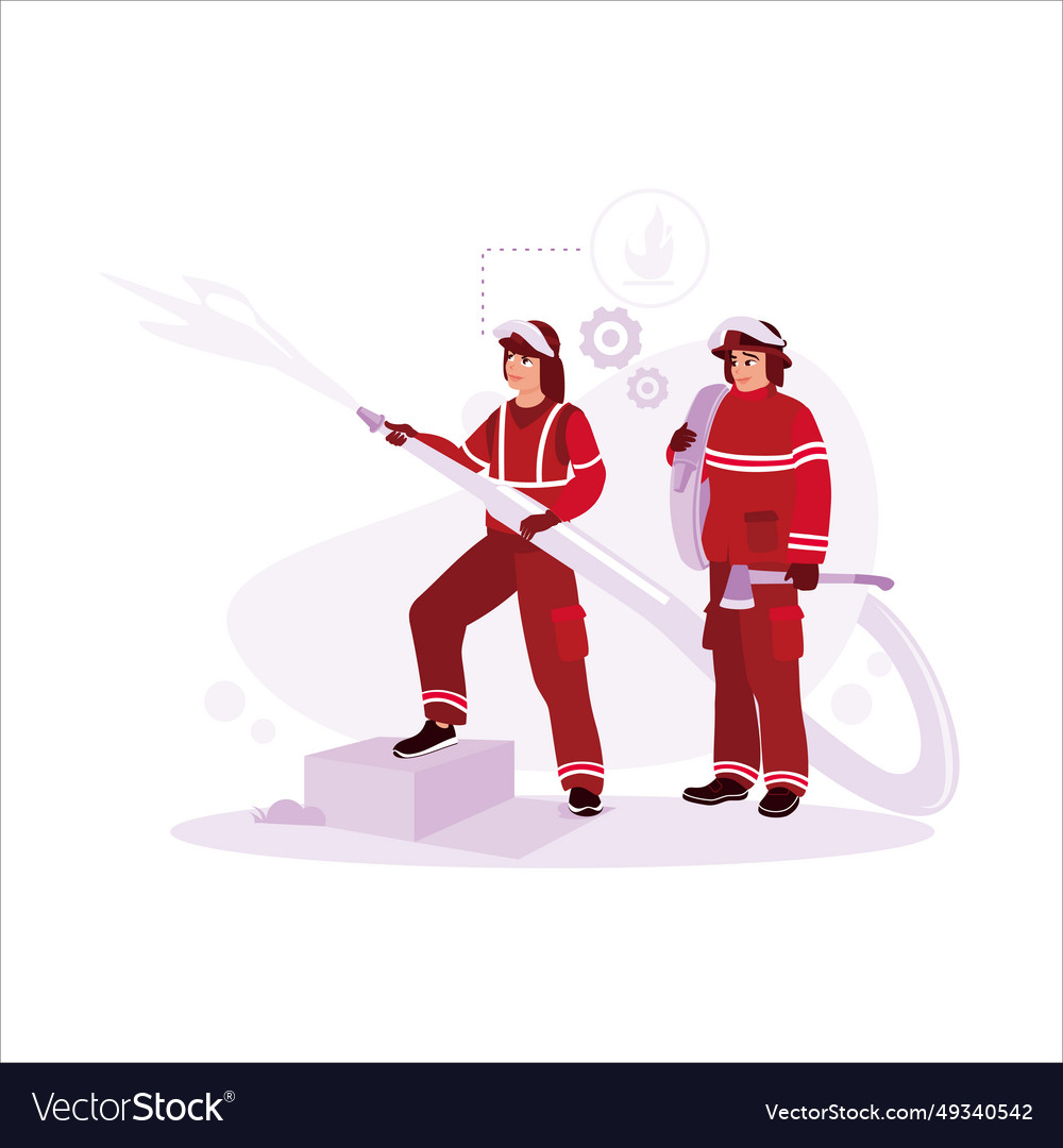 Two firefighters in full uniform conduct Vector Image