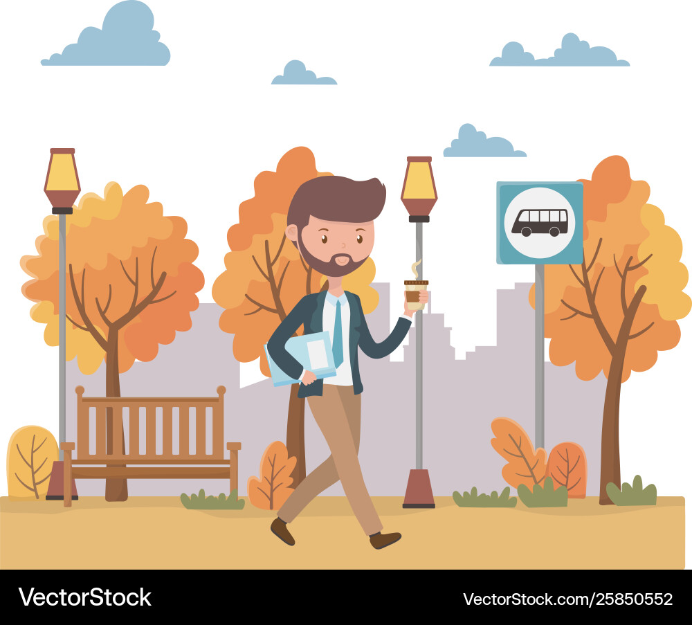 Man cartoon and bus stop design Royalty Free Vector Image