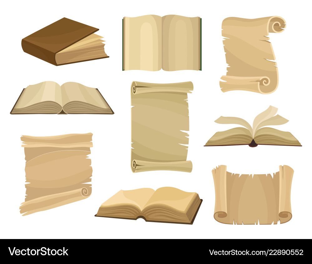 Old books and paper scrolls or parchments set Vector Image