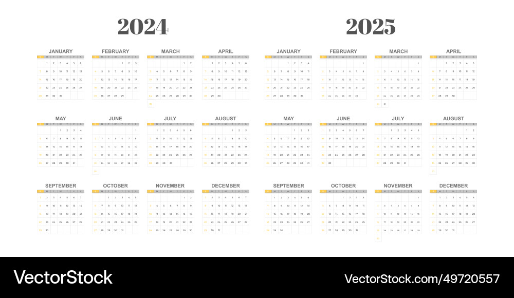 Calendar 2024 and 2025 template Royalty Free Vector Image
