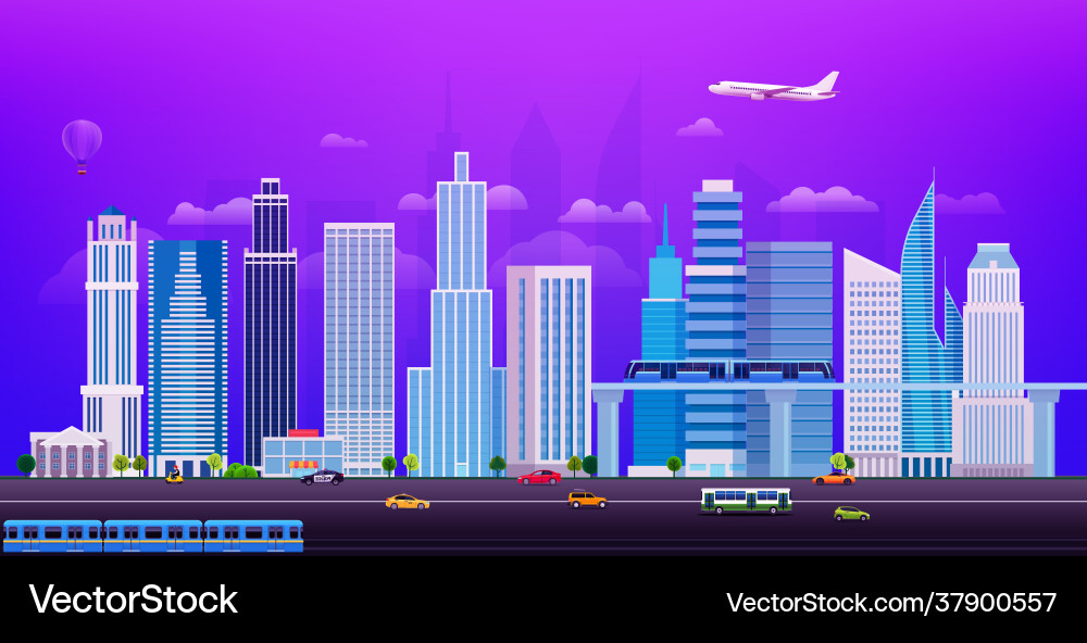 Evening cityscape with different city transport Vector Image