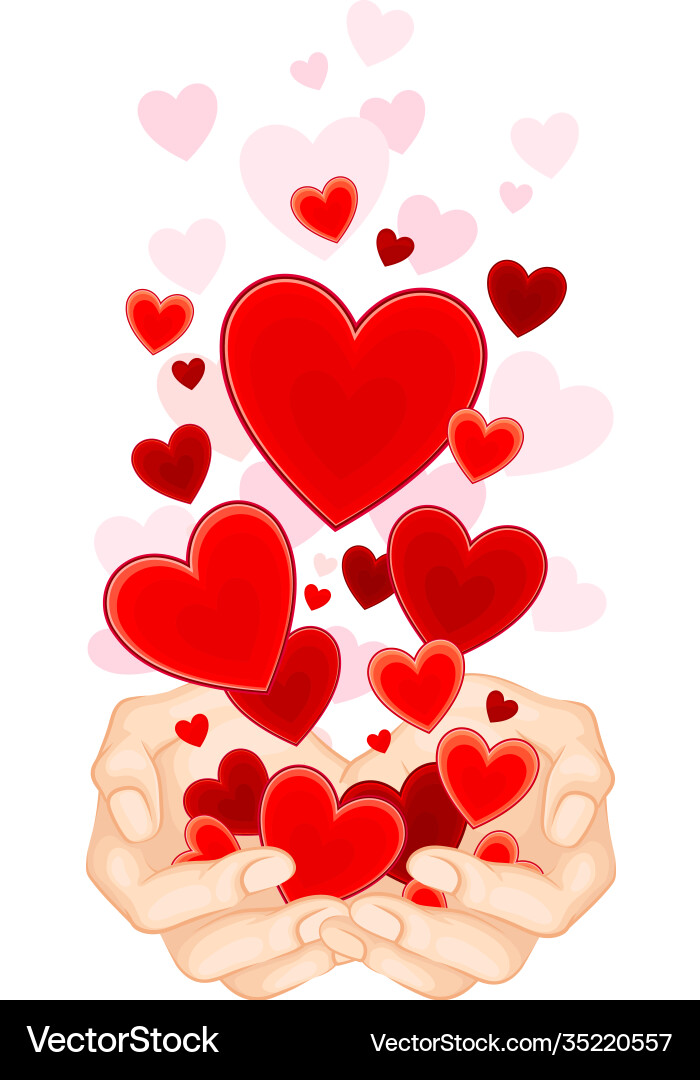 Open palm with fluttering red hearts as love Vector Image