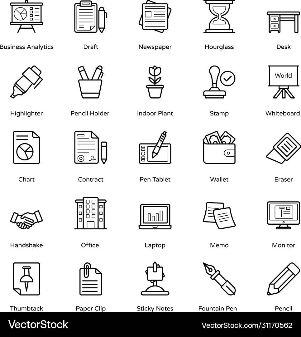 Office and workplace accessories line icons pack Vector Image