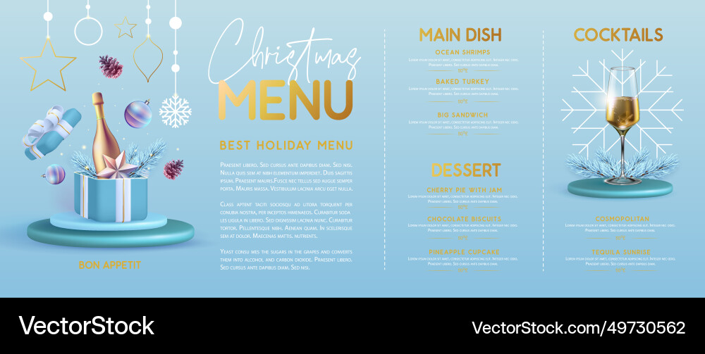 Restaurant christmas menu design with champagne Vector Image