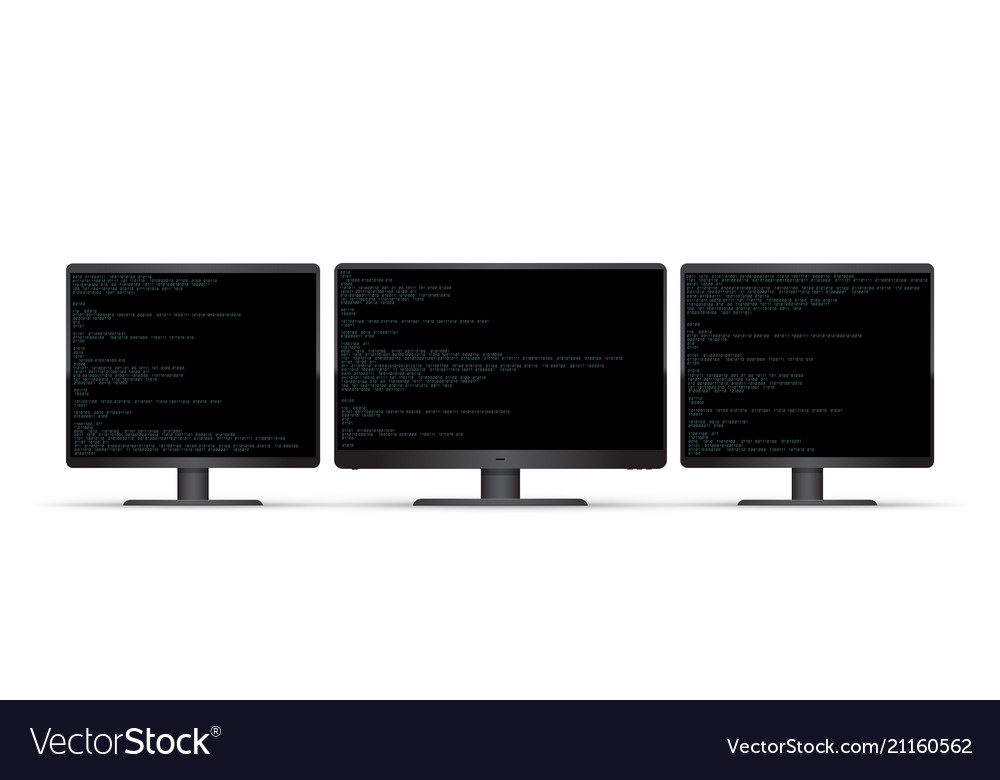 Three black monitor set and code Royalty Free Vector Image