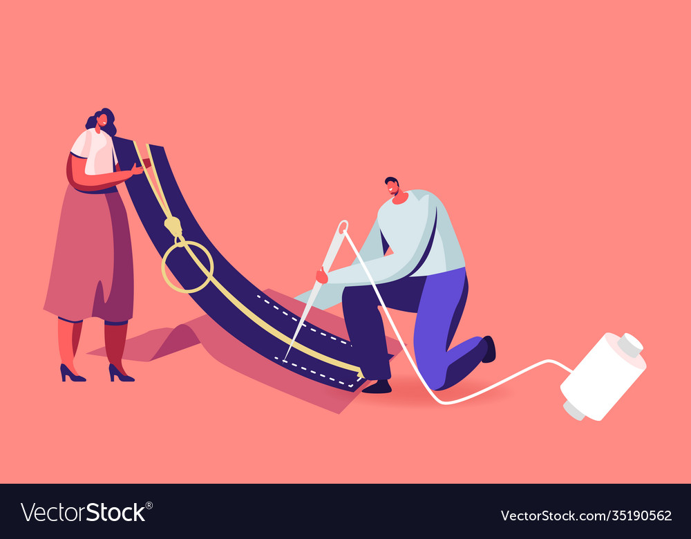 Tiny characters sewing workshop atelier workers Vector Image