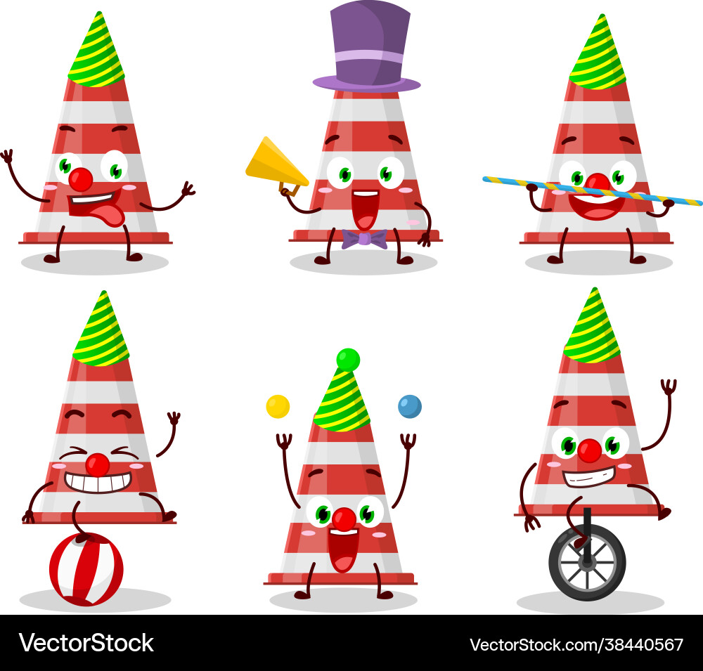 Cartoon red traffic cone with various circus shows