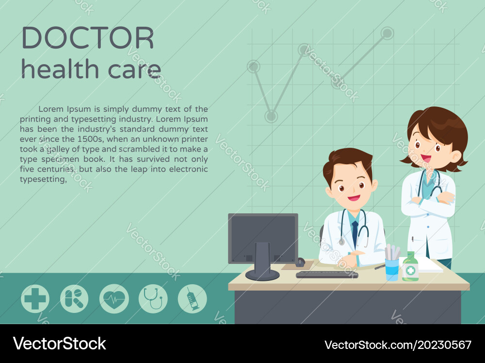Doctor present and sitting at the table poster Vector Image