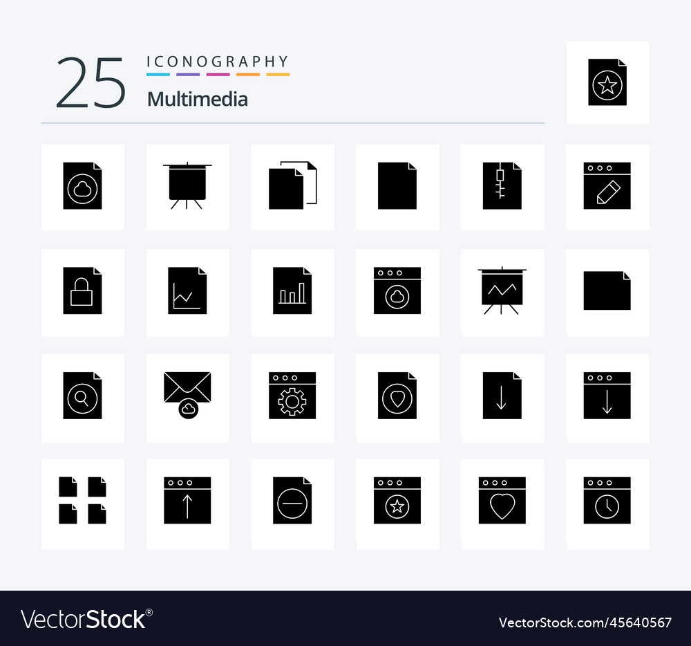 Multimedia 25 solid glyph icon pack including Vector Image