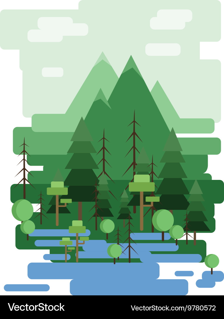Abstract landscape design with green trees and clo