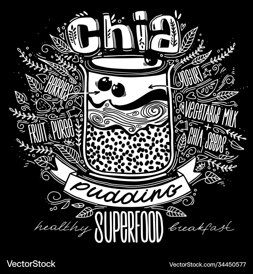 Chia pudding in a glass in doodle style with Vector Image
