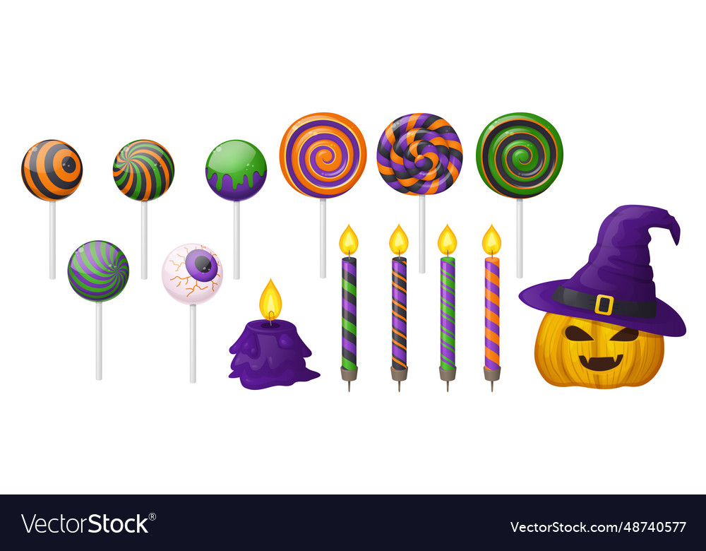 Halloween candies lollipops candles and pumpkin Vector Image