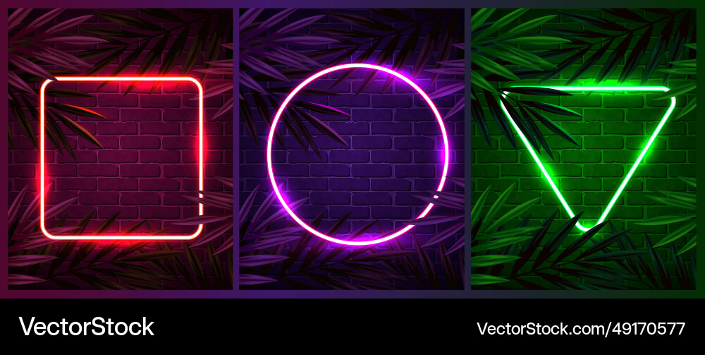 Neon frame set with tropical leaves on brick wall Vector Image