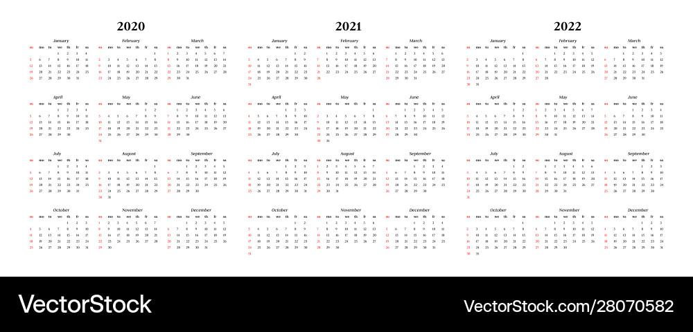 Calendars for 2020 2021 and 2022 Royalty Free Vector Image