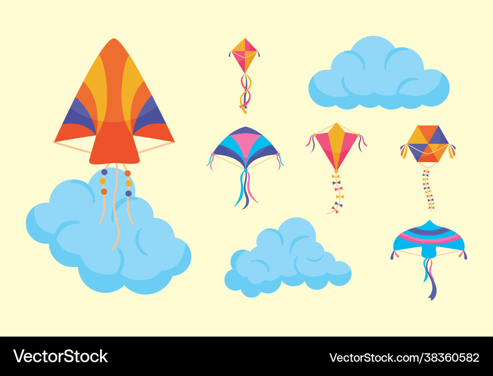 Kites and clouds symbol set Royalty Free Vector Image