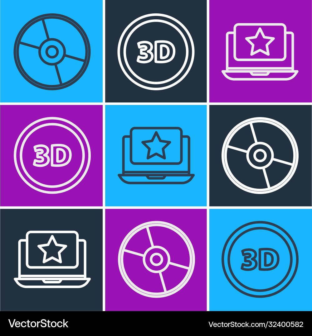 Set line cd or dvd disk laptop with star and 3d Vector Image