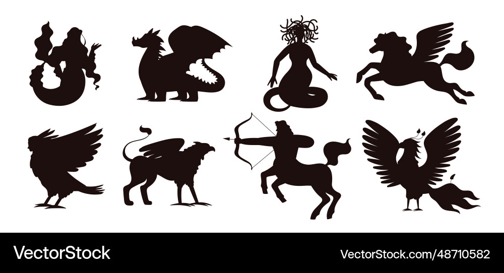 Set of silhouettes mythical creatures flat Vector Image