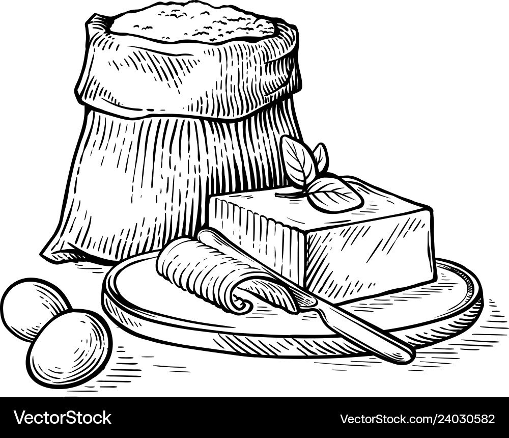 Sketch hand drawn sack with flour and eggs Vector Image