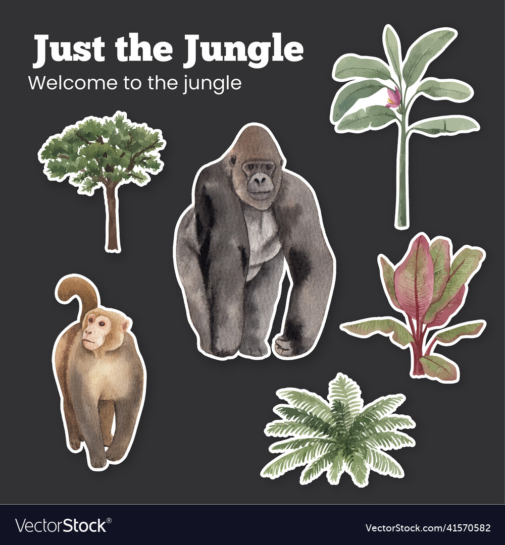 Sticker template with monkey in the jungle Vector Image