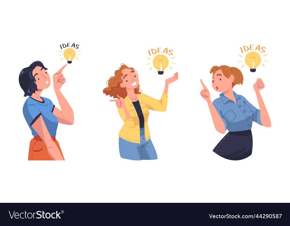 Young women with light bulbs over head set Vector Image