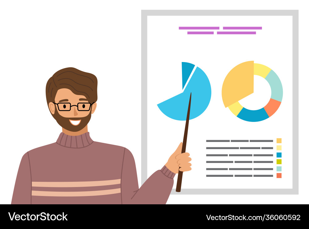 Business analyst male character explains Vector Image