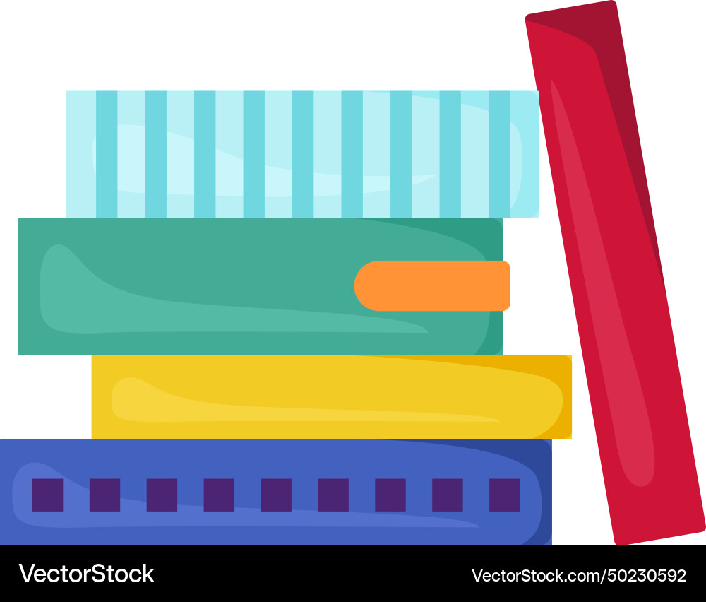 Stack colorful books red book leaning against them