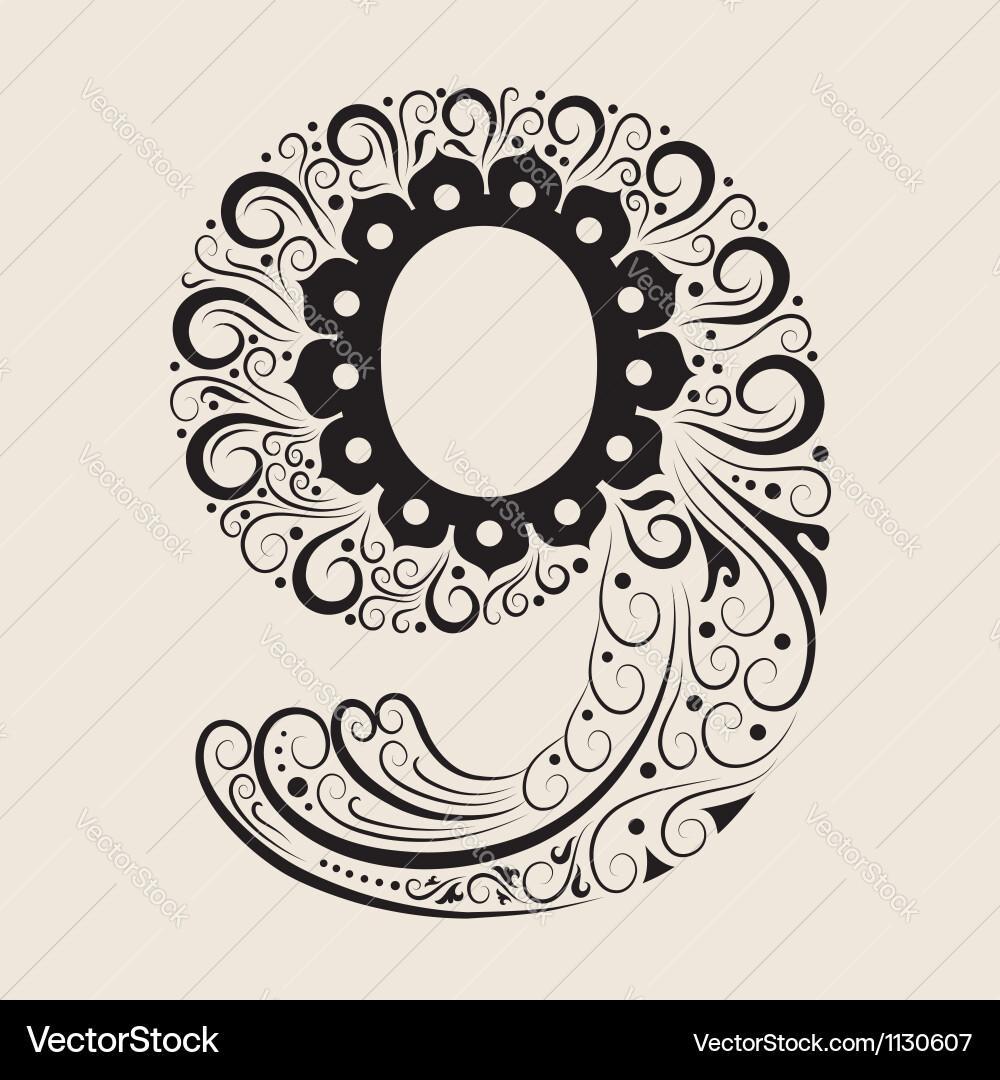 Number 9 floral decorative ornament Royalty Free Vector