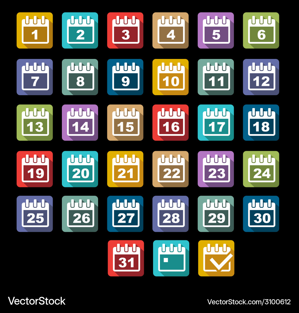 Calendar day icons set with long shadow Royalty Free Vector