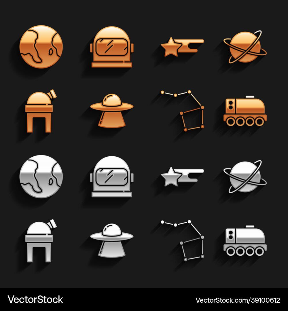 Set ufo flying spaceship satellites orbiting Vector Image