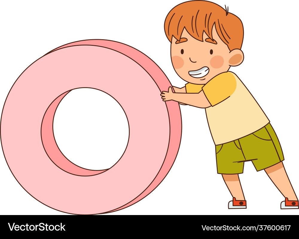 Little boy pushing big toy circle having fun Vector Image