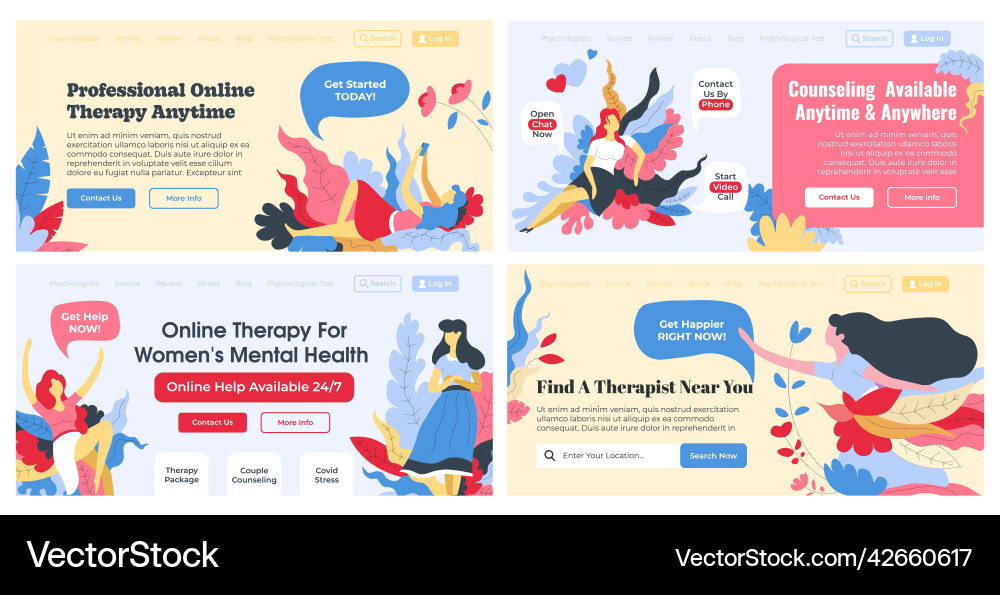 Professional online therapy offer at web page set Vector Image