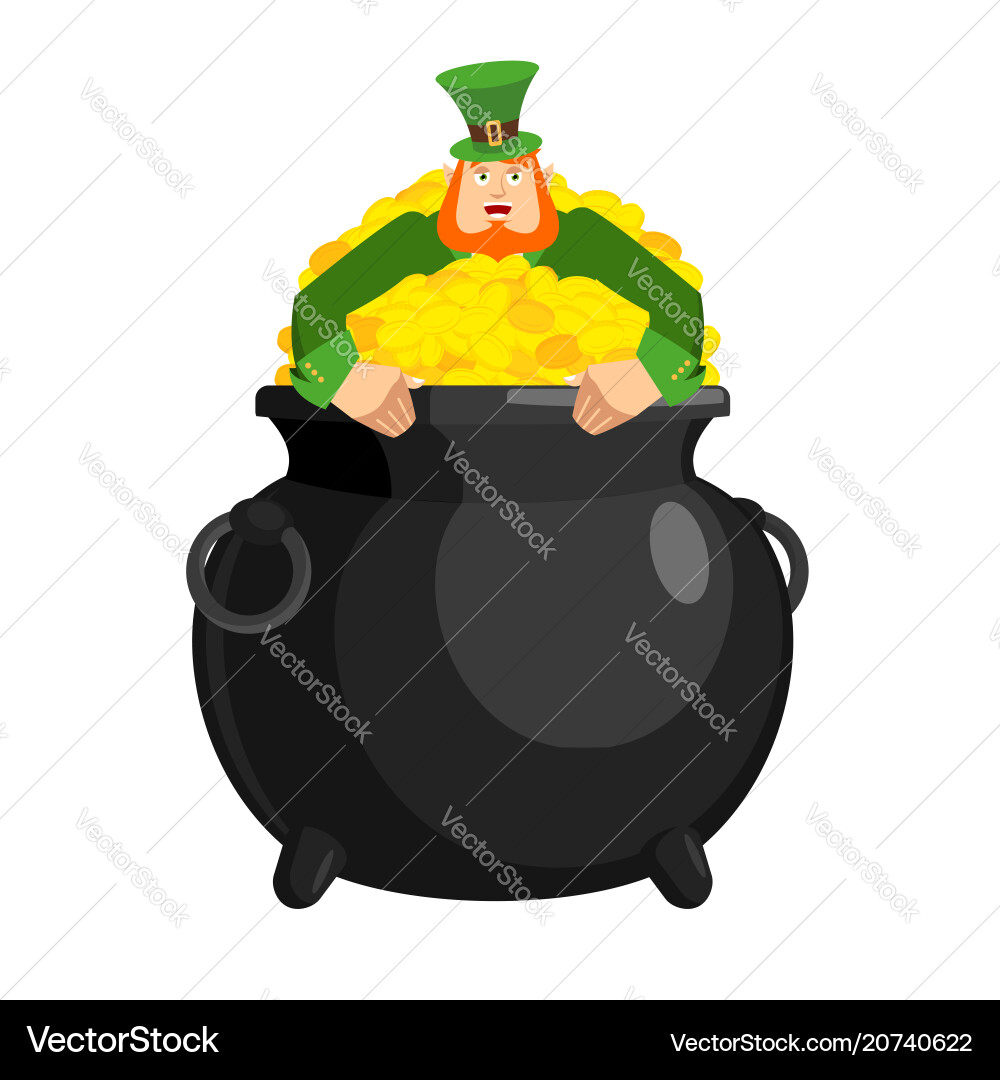 Leprechaun in pot gold dwarf with red beard Vector Image