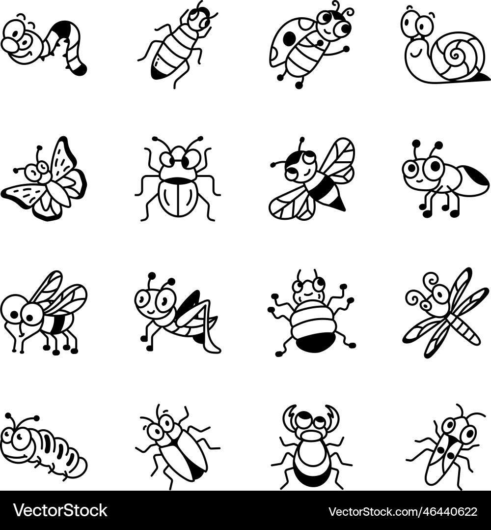 Set of doodle style bug icons Royalty Free Vector Image