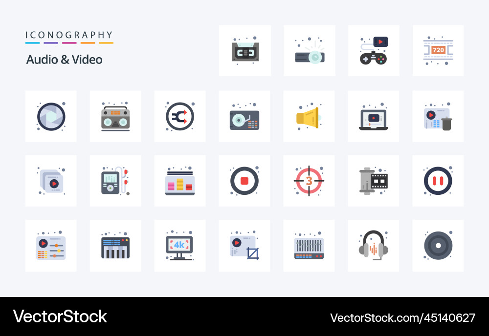 25 audio and video flat color icon pack Royalty Free Vector