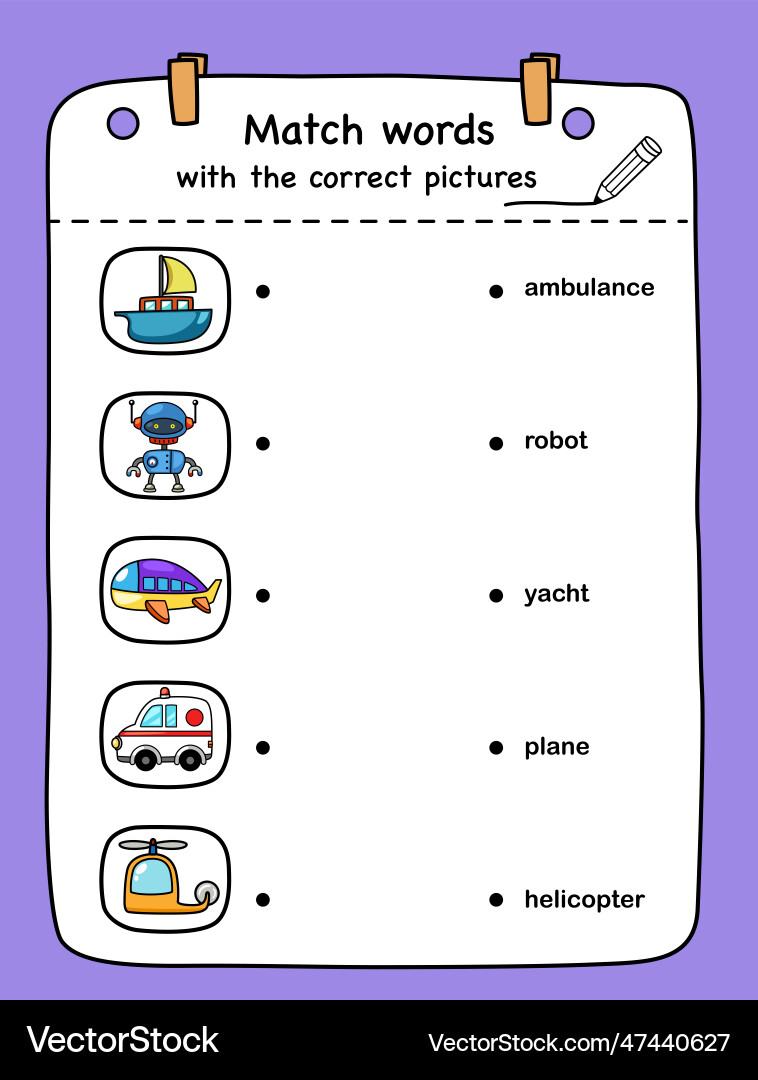 Match words with the correct pictures Royalty Free Vector