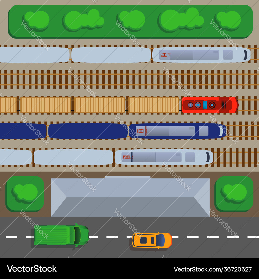 Railroad top view with trains and rails platform Vector Image