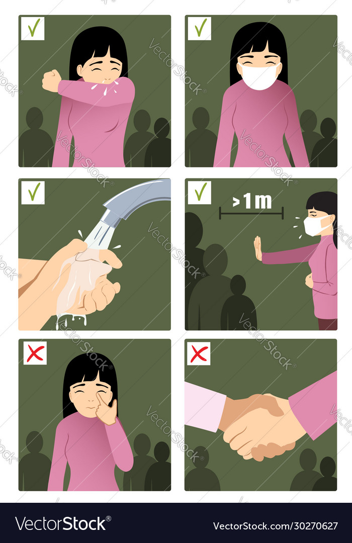 Set with a woman showing rules to prevent covid-19