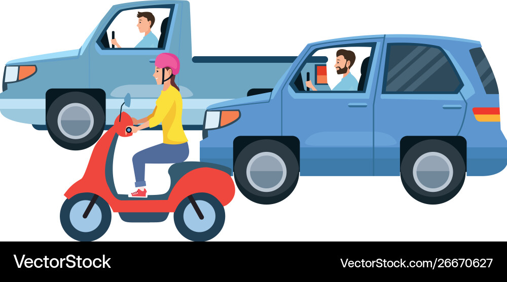 Vehicles and motorcycle with drivers riding Vector Image