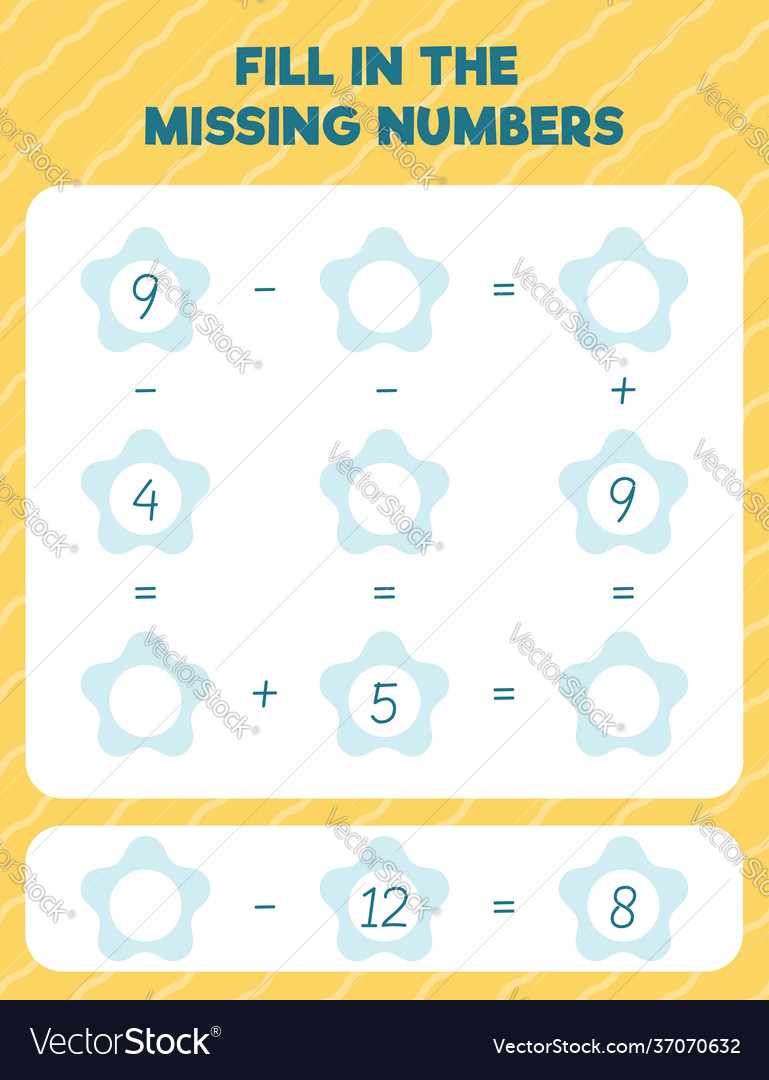 Fill in missing numbers printable maths Royalty Free Vector