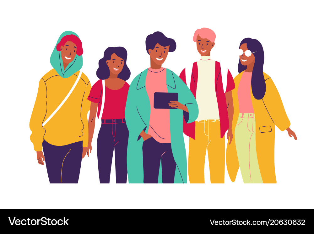 Happy friends watching video together group Vector Image