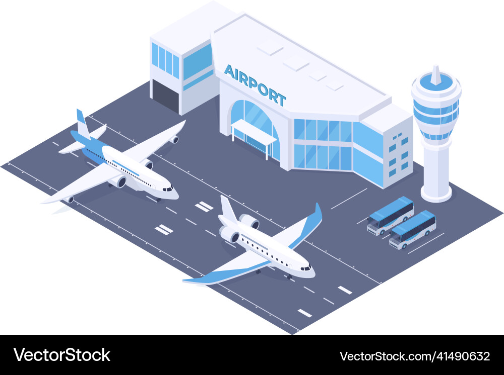 Isometric airport building and runway plane Vector Image