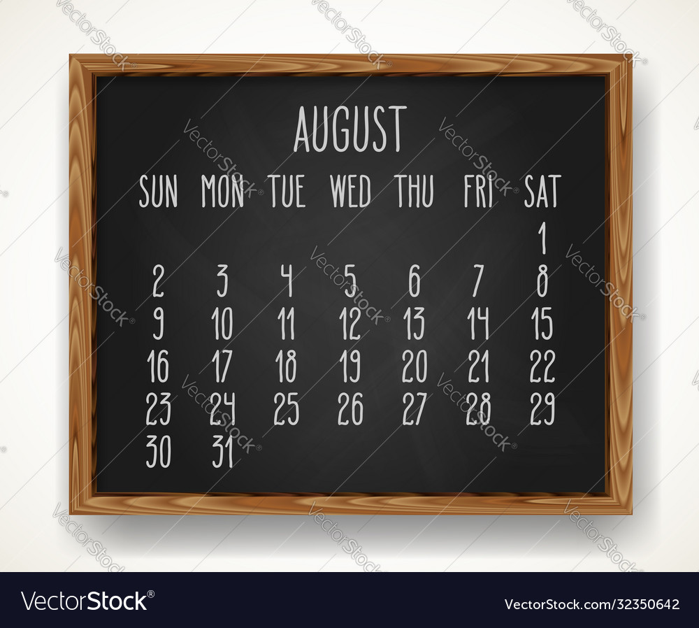August year 2020 monthly black chalkboard calendar