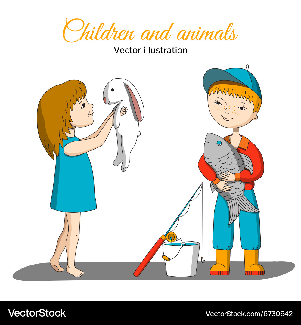 Girl with rabbit and boy with fish Royalty Free Vector Image