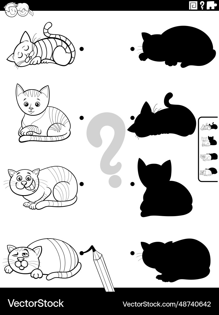 Shadow game with cartoon cat characters coloring Vector Image