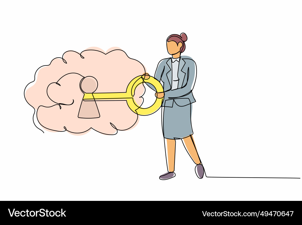 Continuous one line drawing businesswoman put key Vector Image