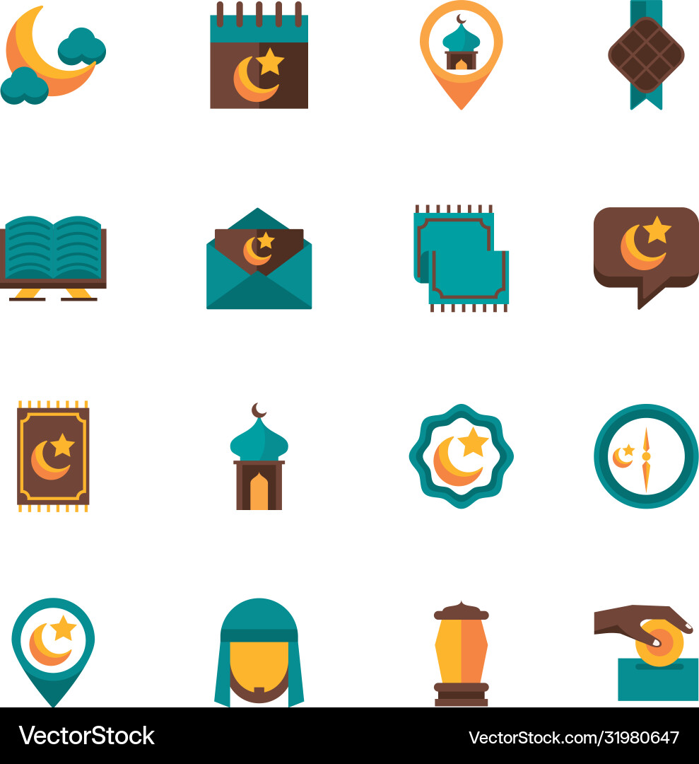 Islam religion set flat style icons Royalty Free Vector