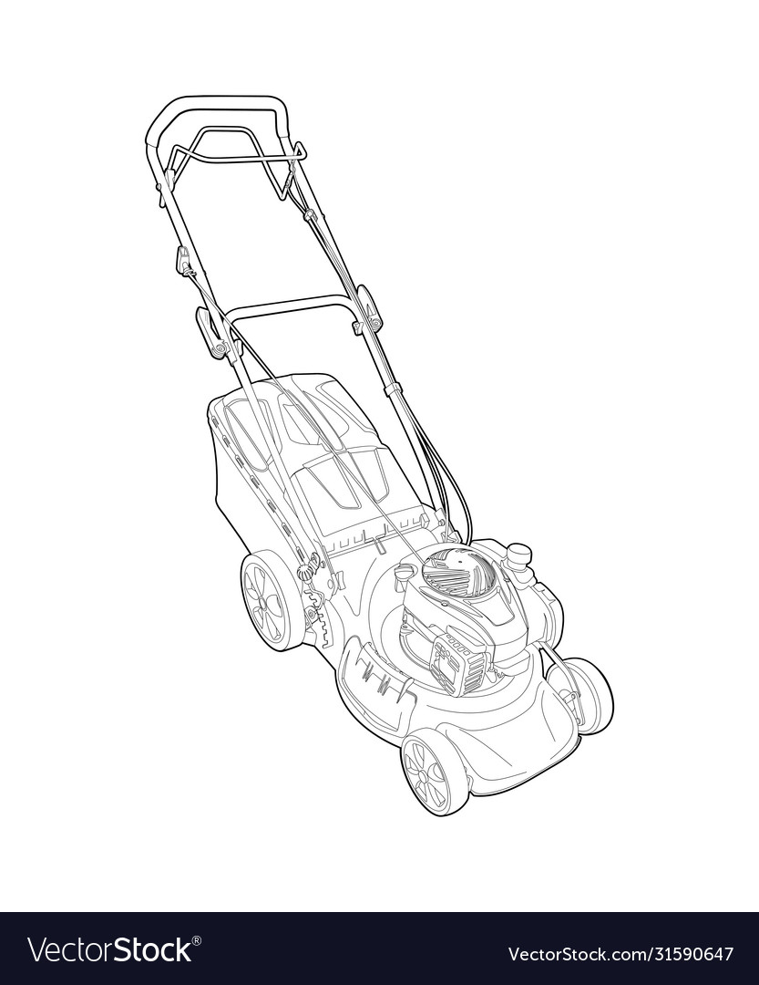 Lawn mower - detailed linear drawing garden grass Vector Image