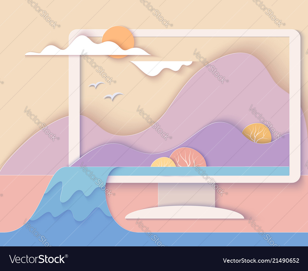 Computer screen with landscape Royalty Free Vector Image