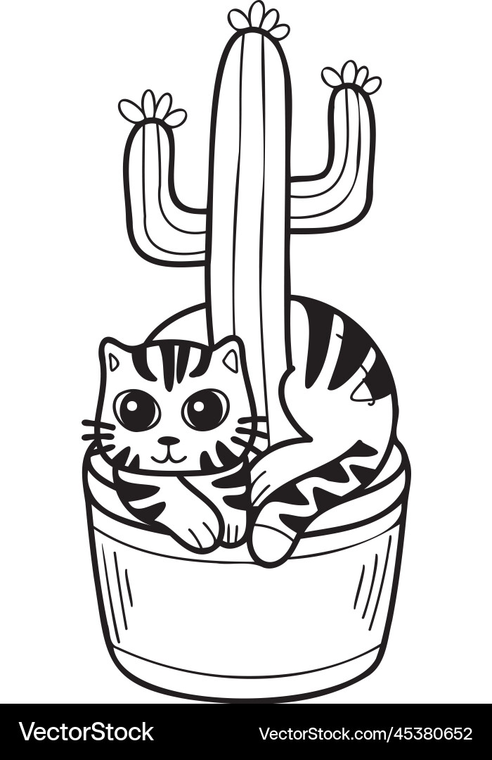 Hand drawn striped cat and cactus in doodle style Vector Image