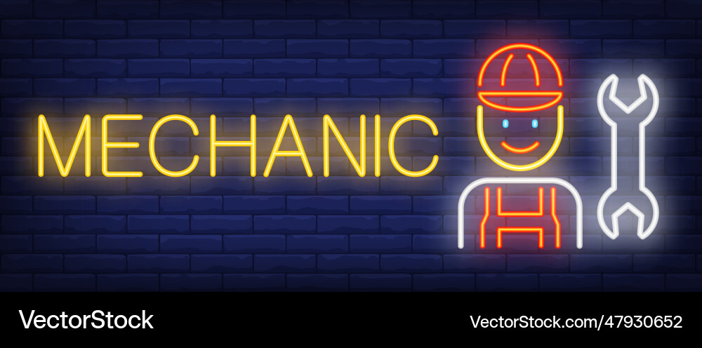 Mechanic neon text with technician and wrench Vector Image